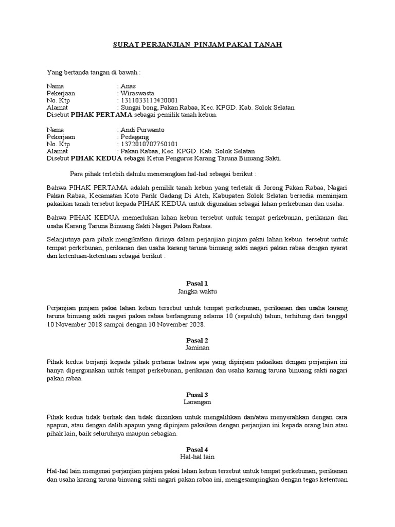 Surat Perjanjian Pinjam Pakai Tanah | PDF