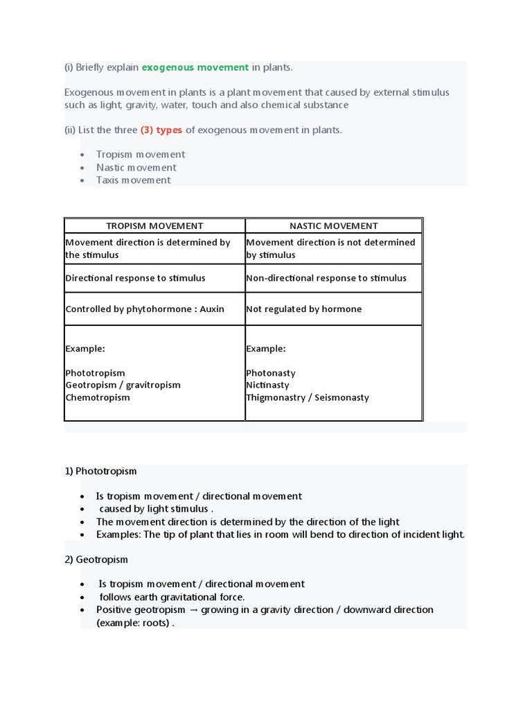 Types: Exogenous Movement | PDF | Physiology | Branches Of Botany