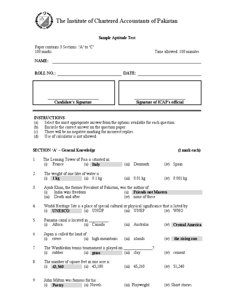 The Institute of Chartered Accountants of Pakistan: Sample Aptitude ...