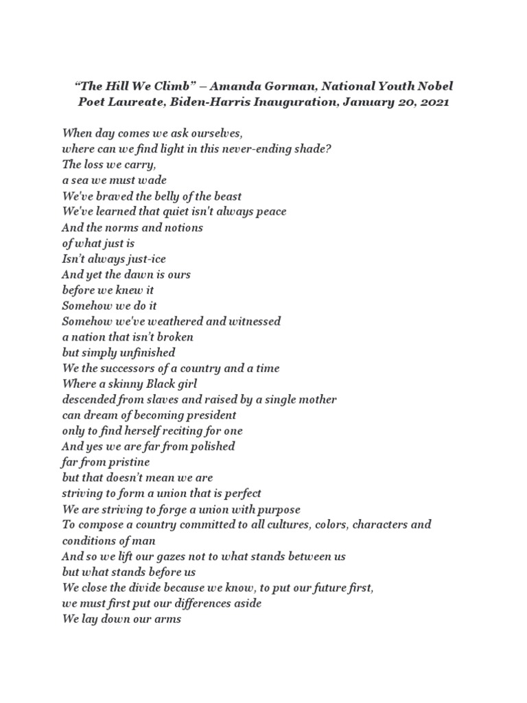 The Hill We Climb - Amanda Gorman, Inaugural Address January 20, 2021 ...