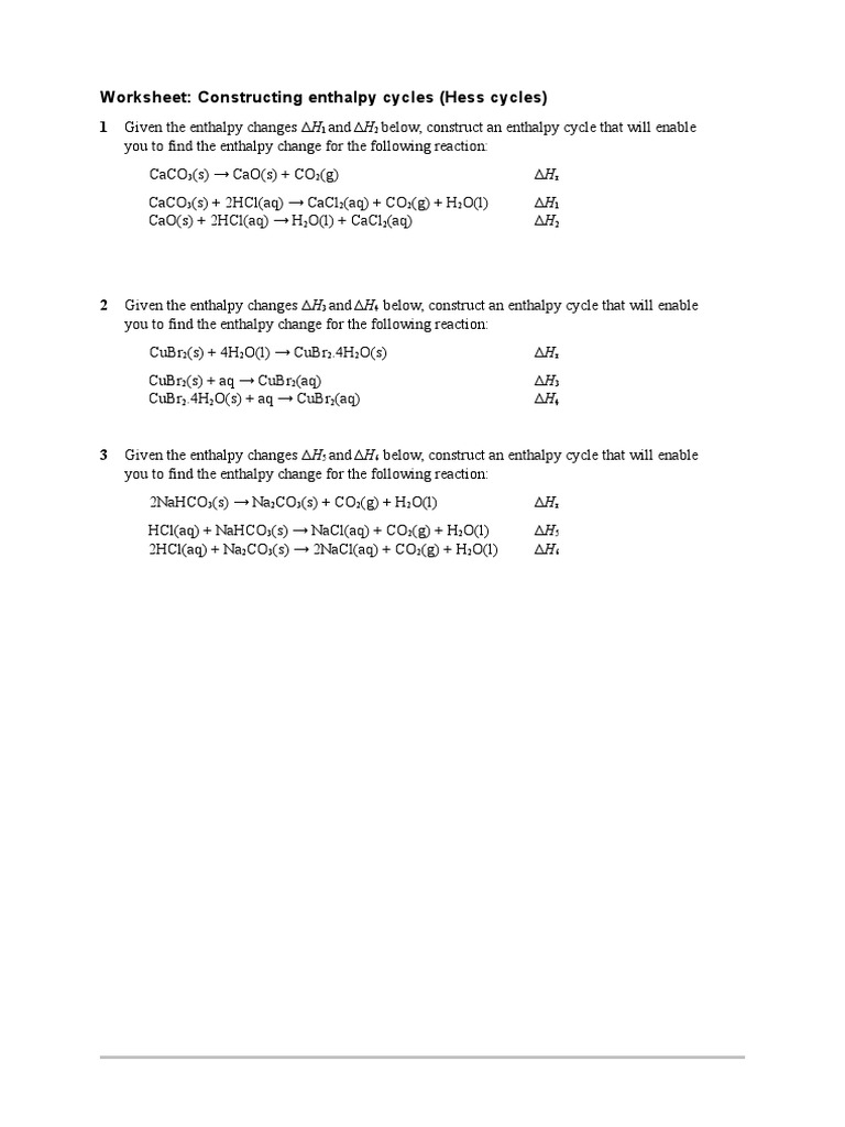 Worksheet: Constructing Enthalpy Cycles (Hess Cycles) : 1 Given The ...