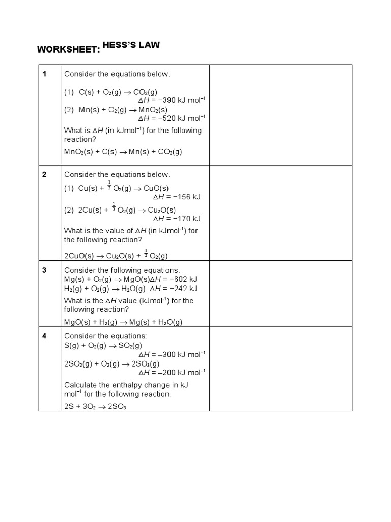 Worksheet: Hess'S Law: H 390 KJ Mol H 520 KJ Mol | PDF