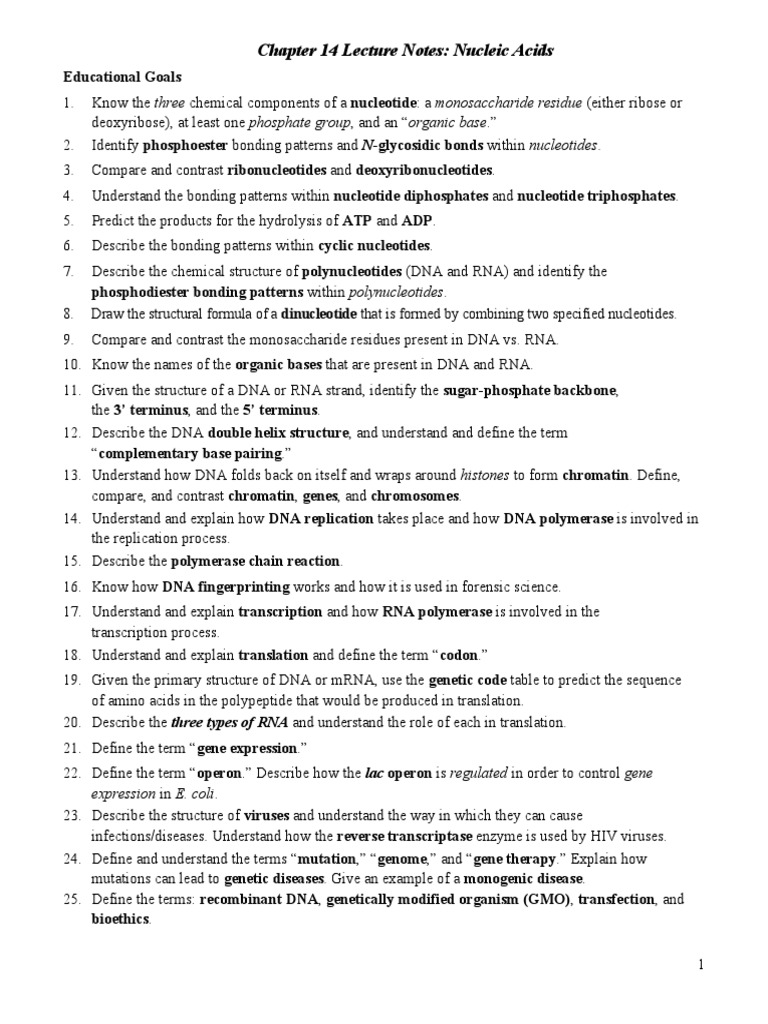 Chapter 14 Lecture Notes: Nucleic Acids: Educational Goals | PDF ...
