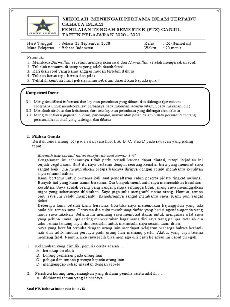 Soal PTS Ganjil Bindo 9 - 2020-2021 PDF | PDF