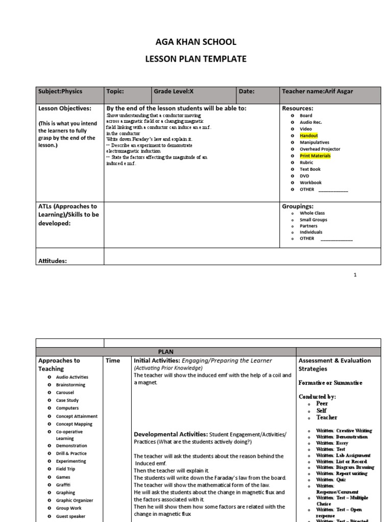 Aga Khan School Lesson Plan Template | PDF | Lesson Plan | Learning