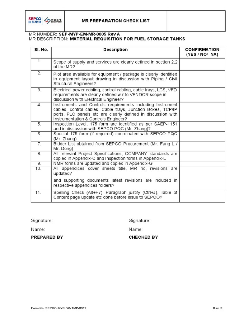Fuel Storage Tanks Material Requisition Checklist | PDF