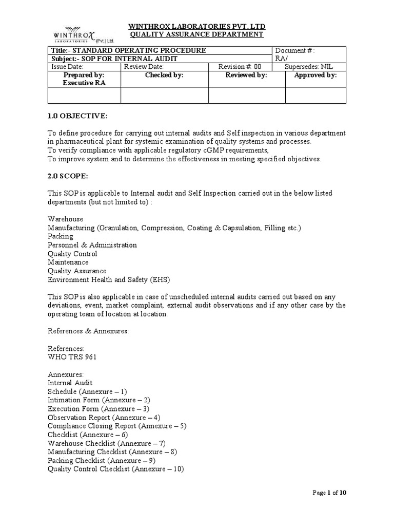SOP For Internal Audit | PDF | Auditor's Report | Audit
