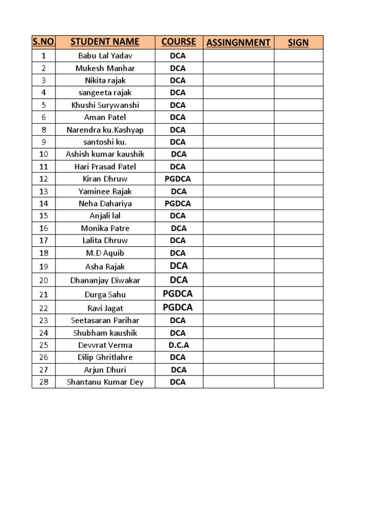 S.NO. Student Name Course Assingnment Sign: DCA DCA DCA DCA DCA DCA DCA DCA DCA DCA Pgdca DCA ...