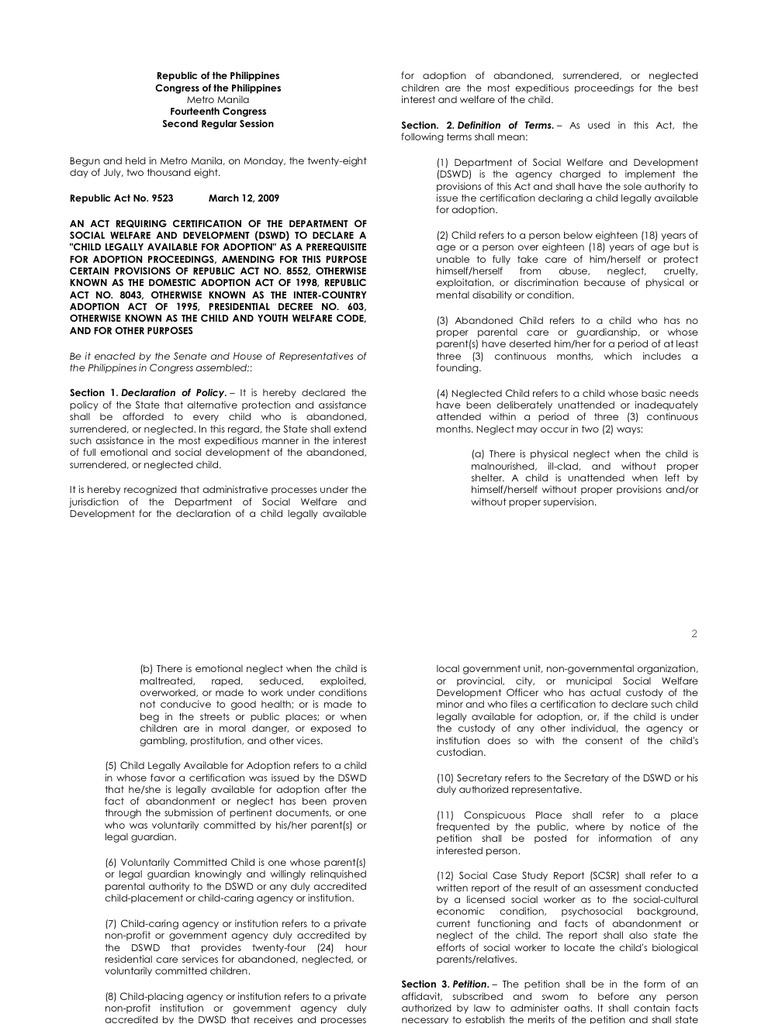 Ra 9523 | PDF | Legal Guardian | Adoption