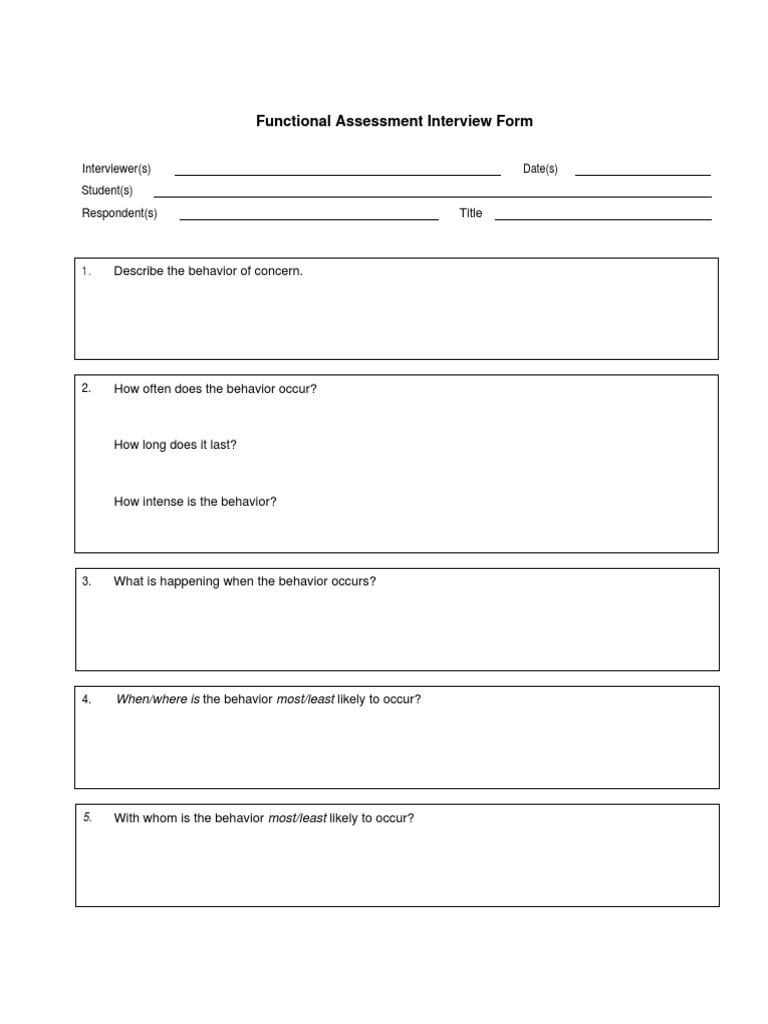 Functional Assessment Interview Form: When/where Is The Behavior Most ...