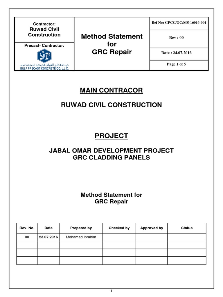 Job 16016 - Method Statement For GRC Repair | PDF | Building ...