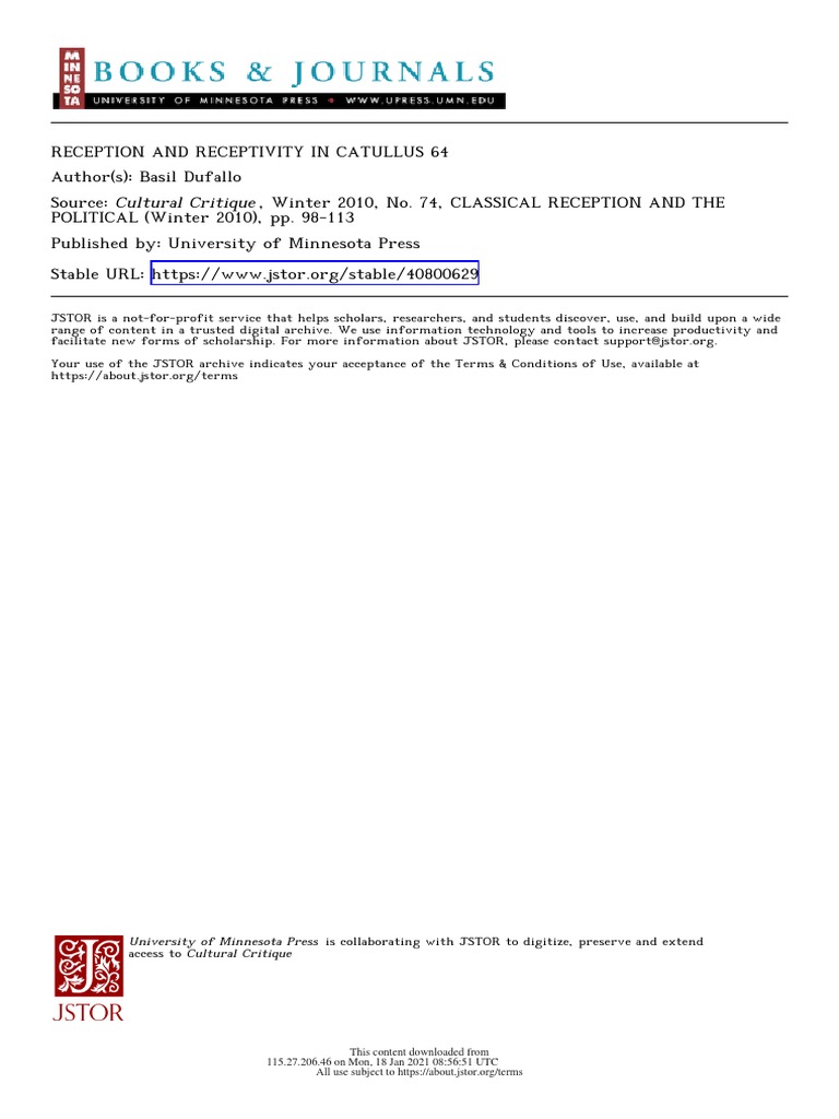 Reception and Receptivity in Catullus 64 | PDF | Poetry