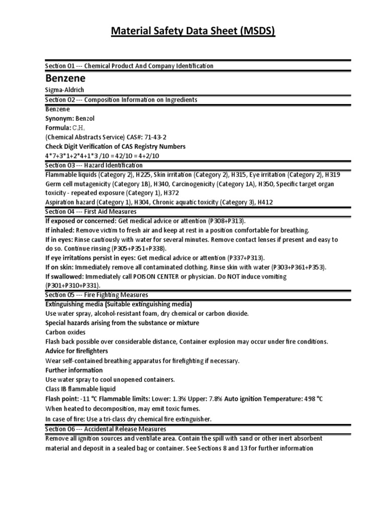 MSDS Benzene | PDF | Firefighting | Benzene