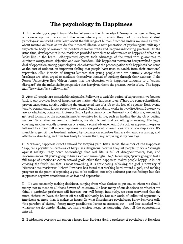 The Psychology in Happiness-Reading | PDF | Happiness | Psychology