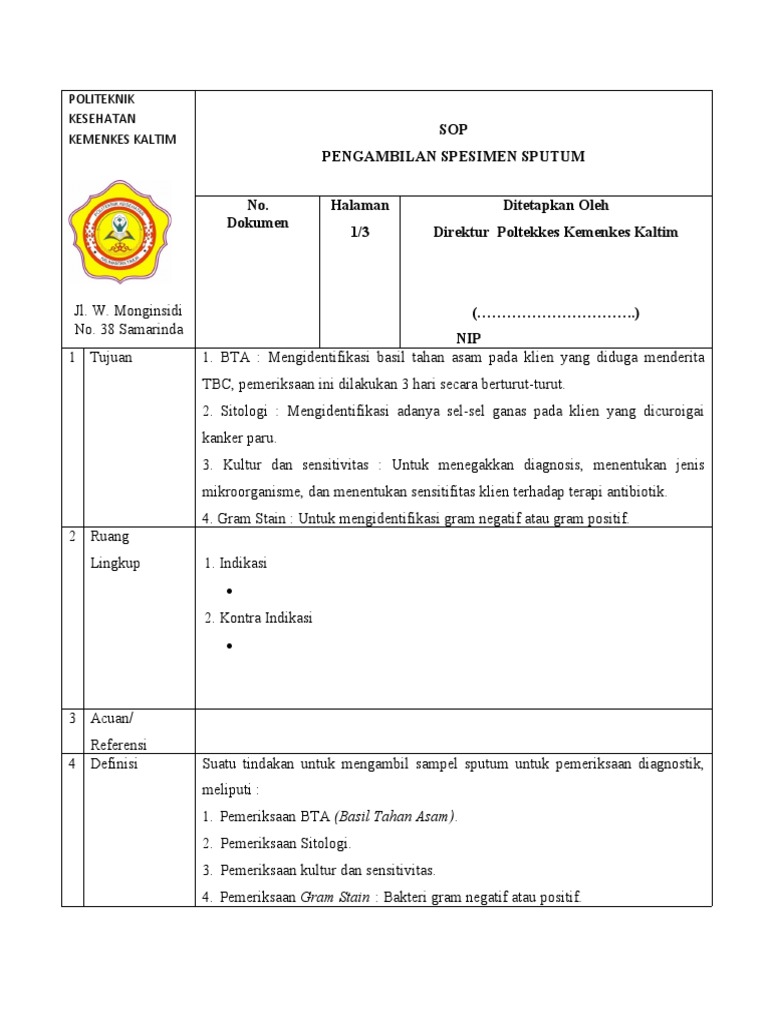 SOP Pengambilan Spesimen Sputum | PDF
