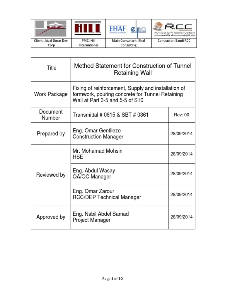 Method Statement & ITP For Construction of Tunnel Retaining Wall at S10 Part 3-5 and 5-5 PDF ...