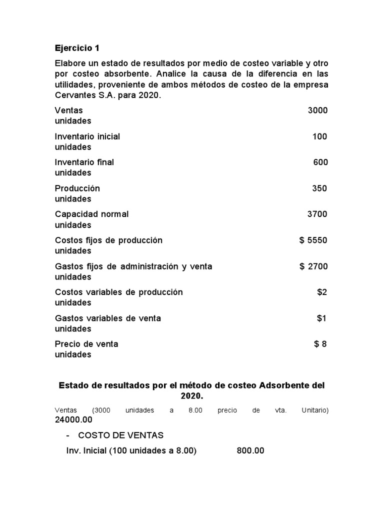Ejercicios A Resolver - COSTEO Variable y Absorbente. | PDF | Estado de resultados | Inventario