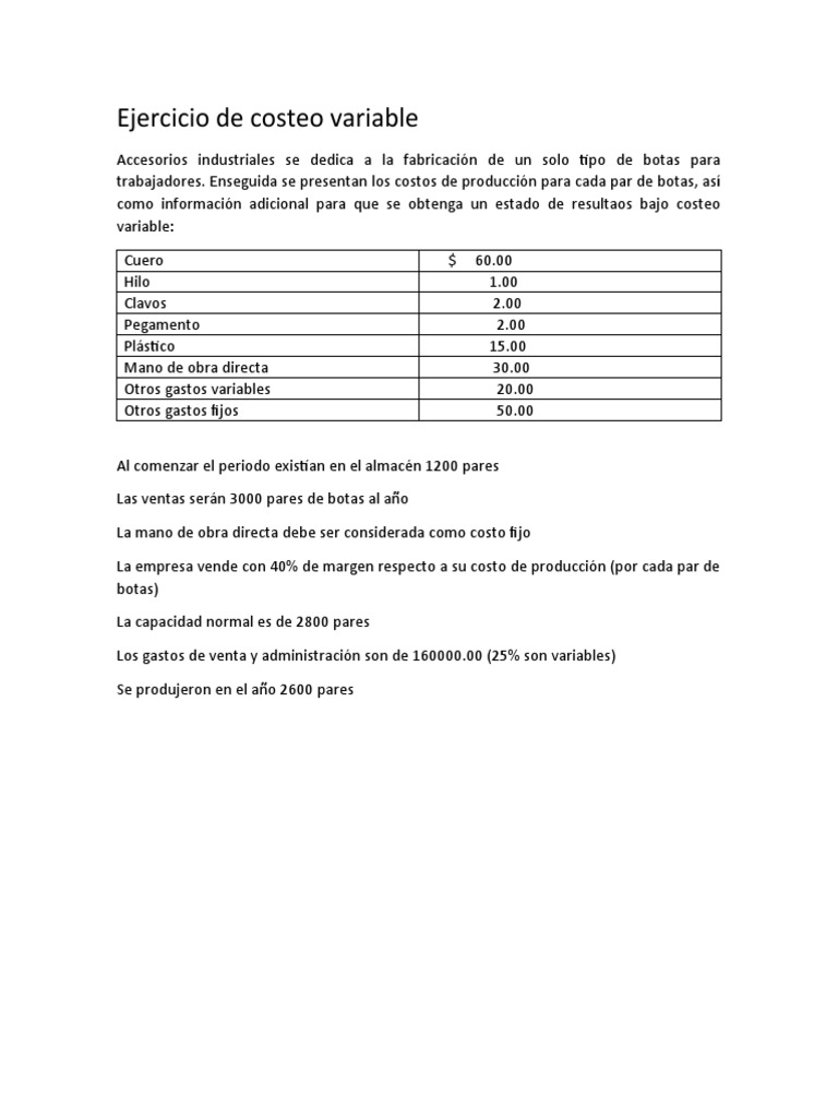 Ejercicio de Costeo Variable | PDF