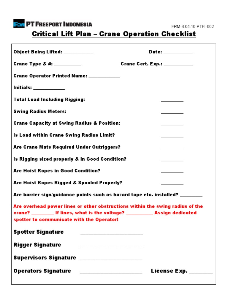 Critical Lift Plan Checklist | PDF