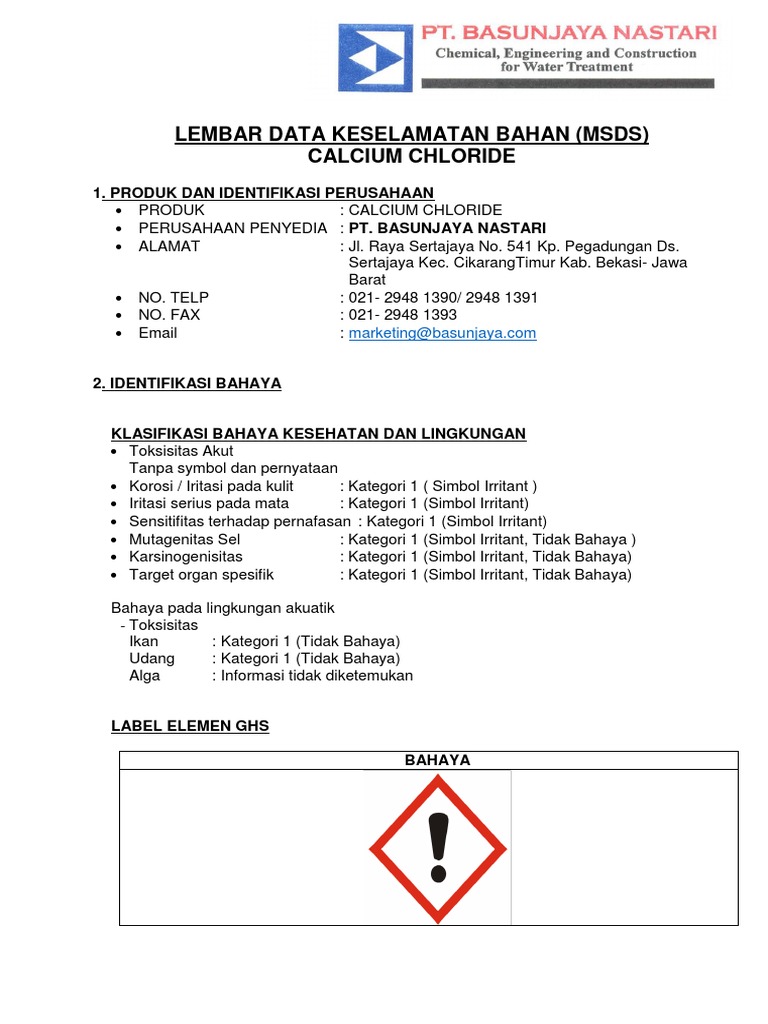 MSDS GHS Calcium Chloride | PDF