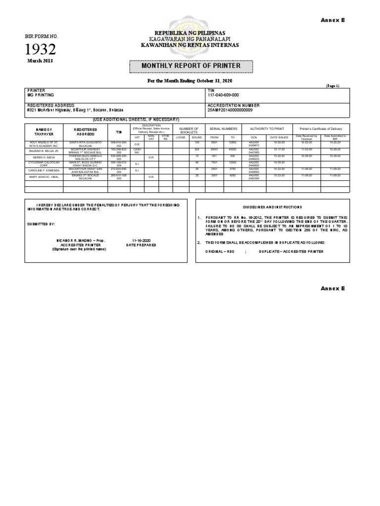 BIR Form 1932 Annex E | PDF | Business Documents | Accounting
