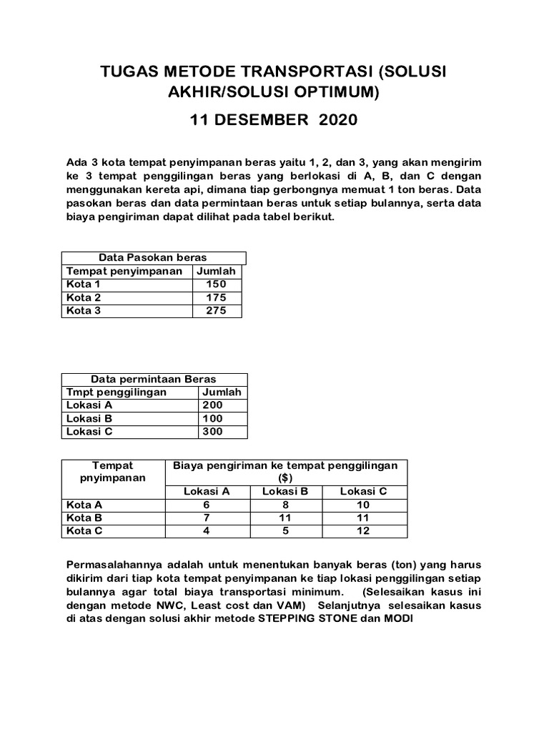 Optimal Transportation of Rice Between Storage and Milling Locations | PDF
