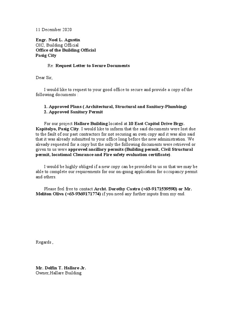 Request Letter To Secure Documents | PDF