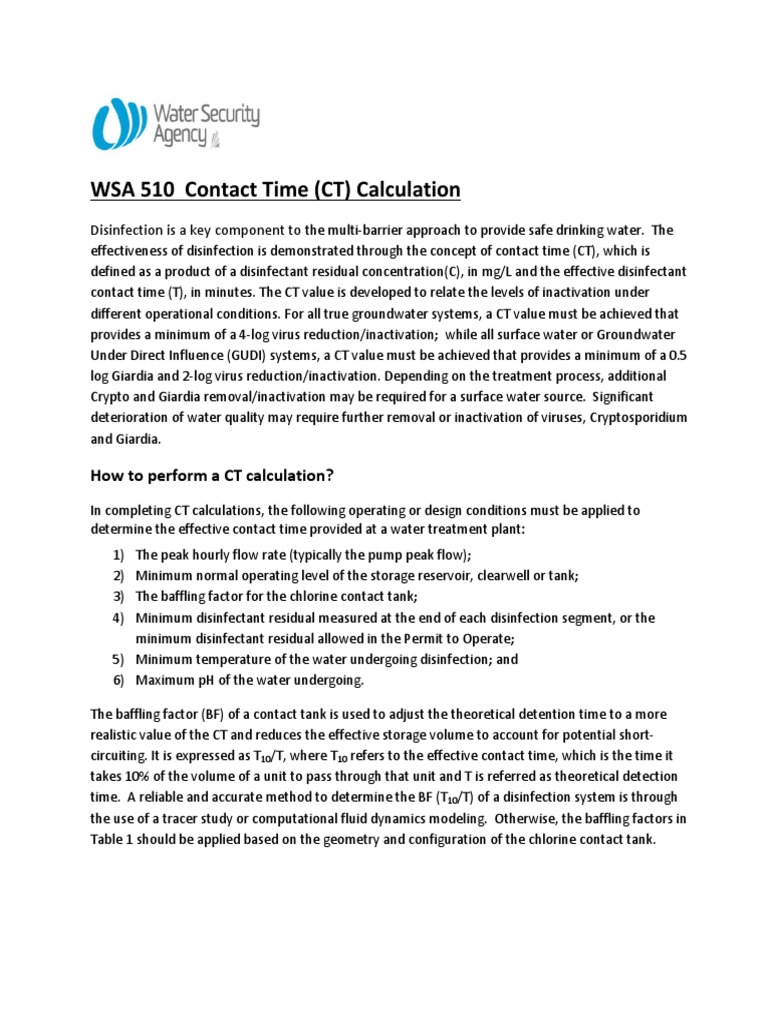 WSA 510 Contact Time (CT) Calculation: Disinfection Is A Key Component ...
