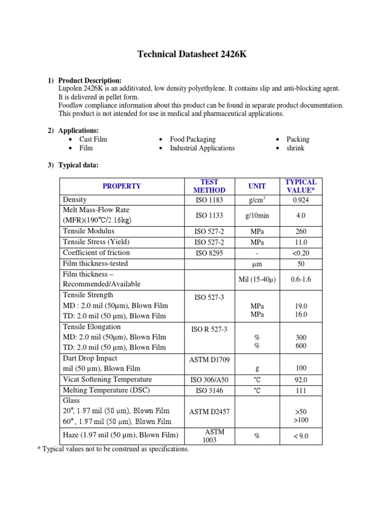 Ldpe 2426K PDF | PDF | Pascal (Unit) | Ultimate Tensile Strength