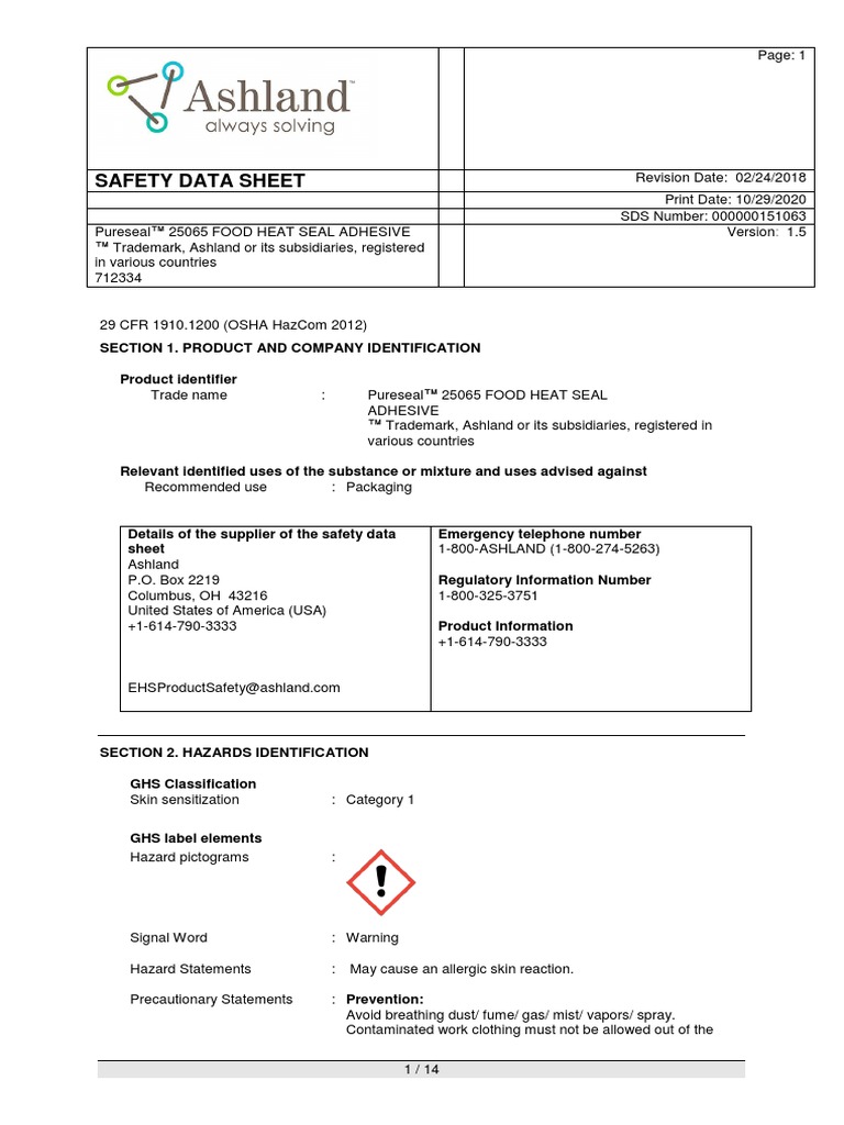 Pureseal 25065 Food HS DR427 MSDS PDF | PDF | Dangerous Goods | Toxicity