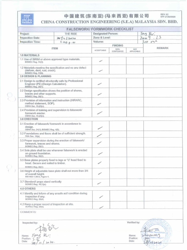 Falsework Internal Checklist Record | PDF