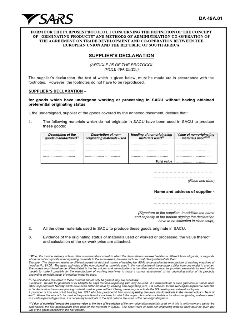 EU-South Africa Trade Supplier Declaration | PDF | Economies | Business
