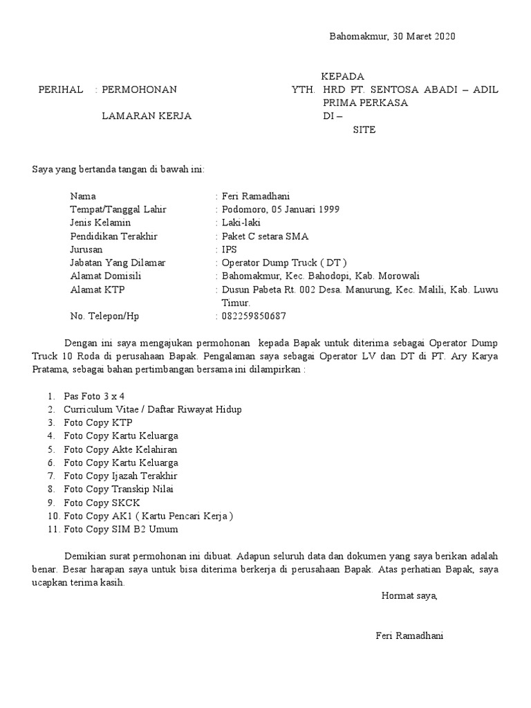 Lamaran Kerja Operator Dump Truck Feri Ramadhani | PDF