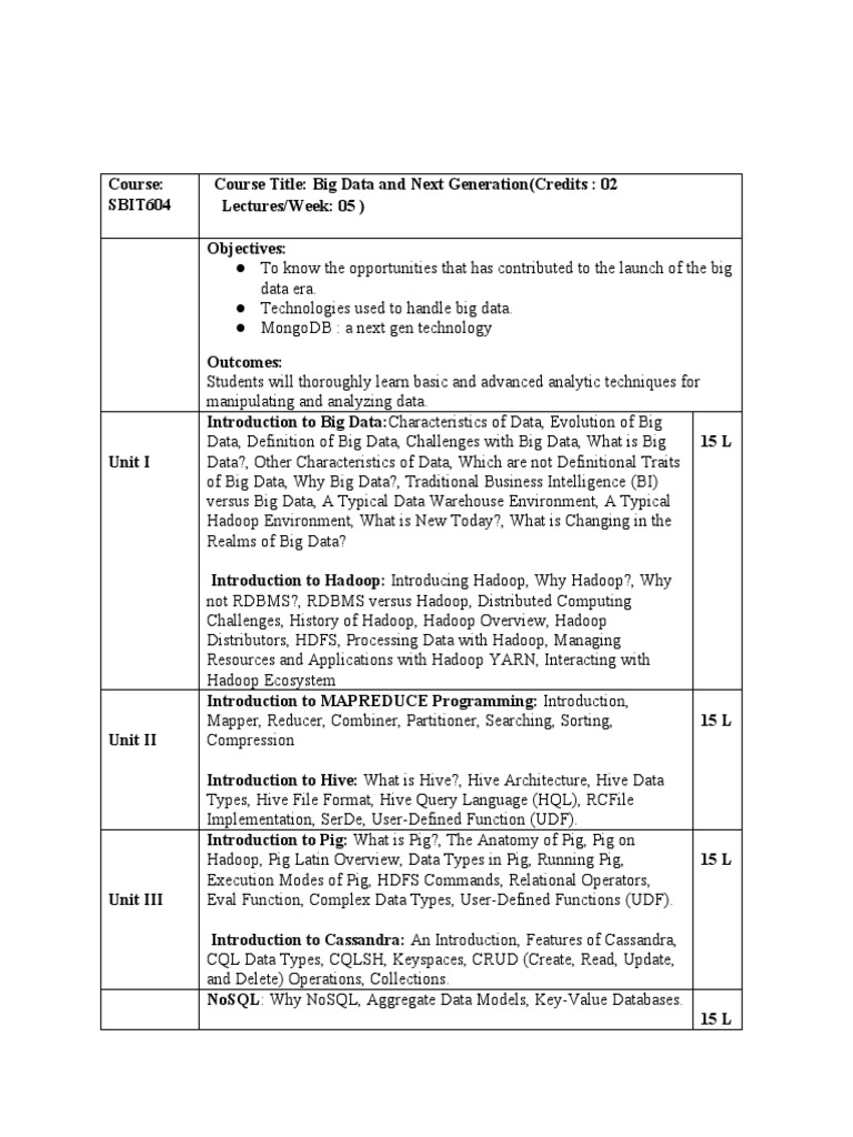 Big Data and MongoDB Syllabus | PDF | Apache Hadoop | Mongo Db