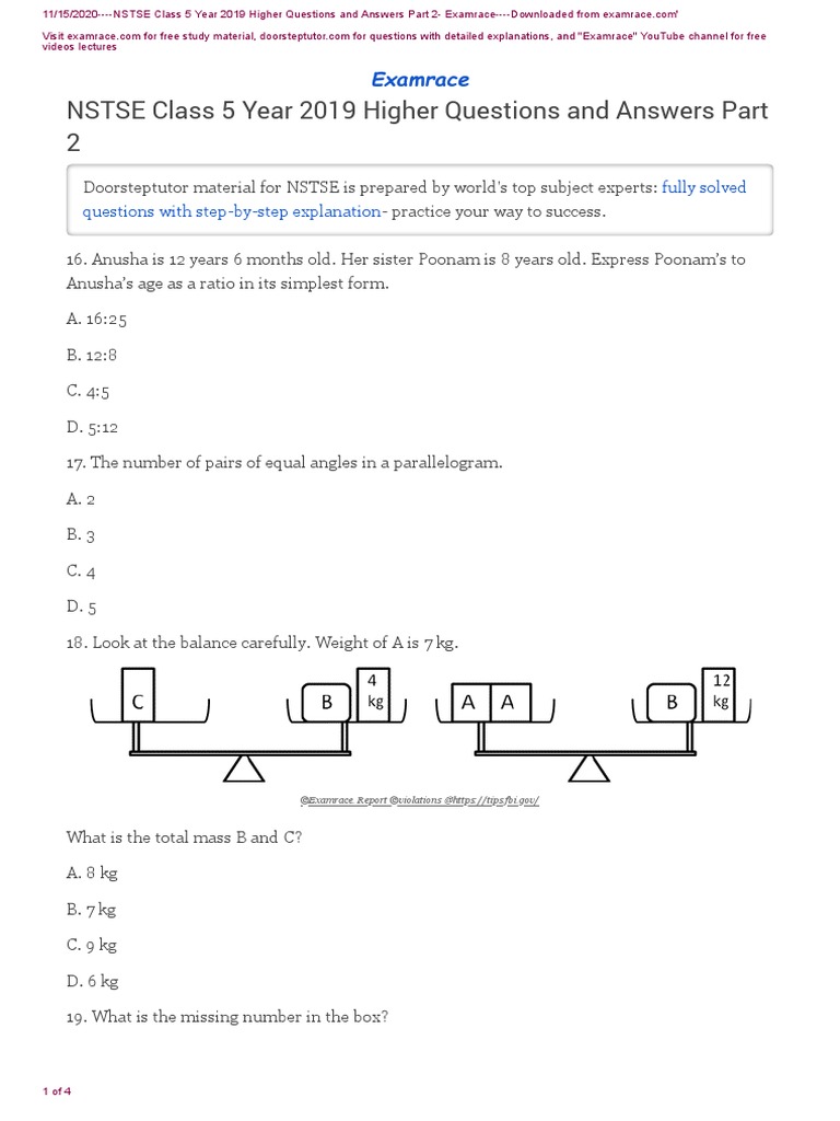 NSTSE Class 5 Year 2019 Higher Questions and Answers Part 2: Examrace ...