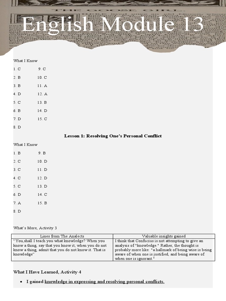 English Module 13: Lesson 1: Resolving One's Personal Conflict | PDF