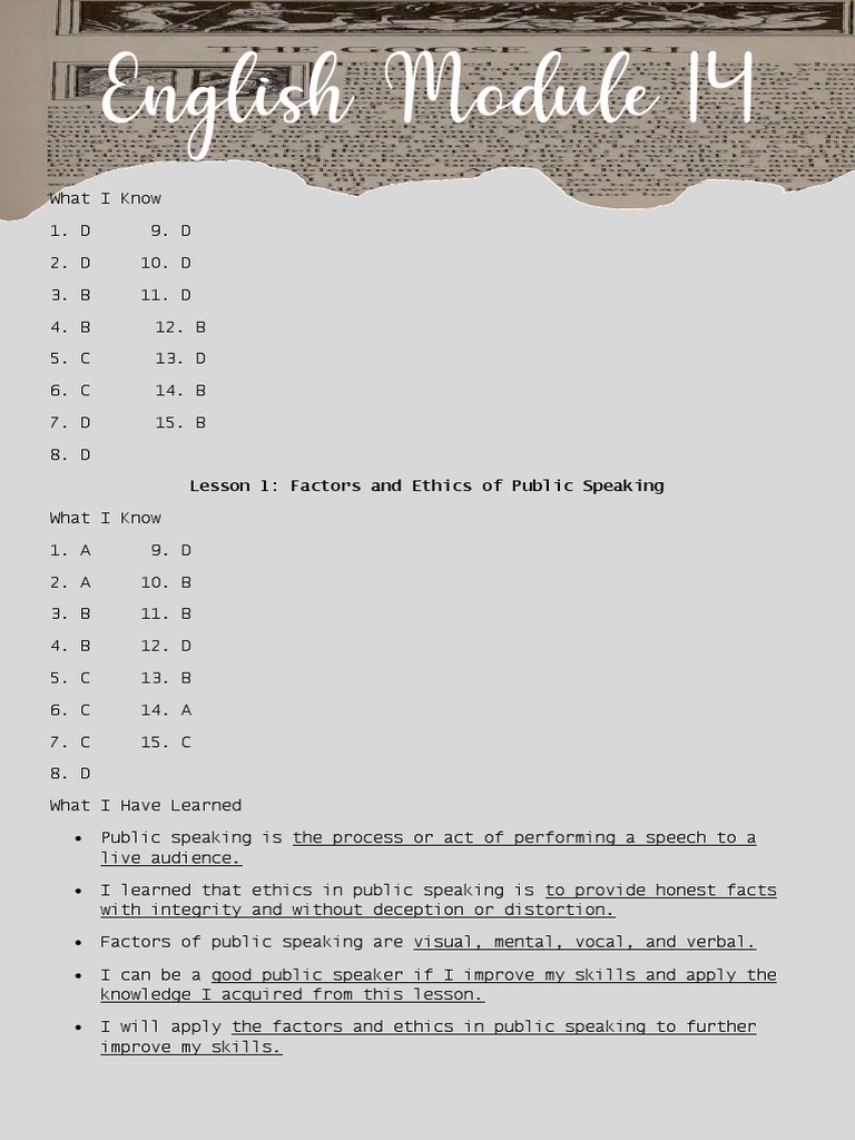 English Module 14: Lesson 1: Factors and Ethics of Public Speaking | PDF