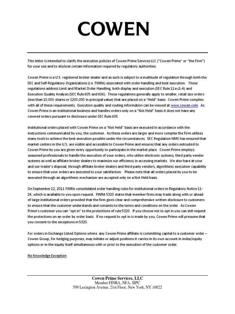 Cowen Prime Services Execution Quality Statement | PDF | Broker Dealer ...