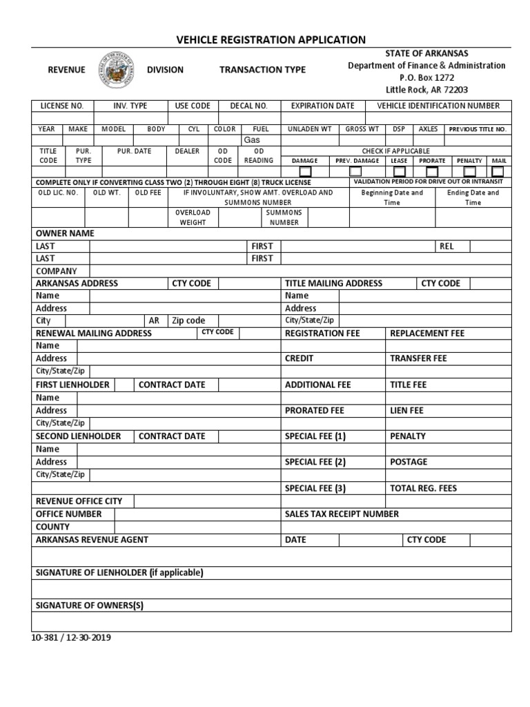 Vehicle Registration Application: Transaction Type | PDF | Lien | Fee