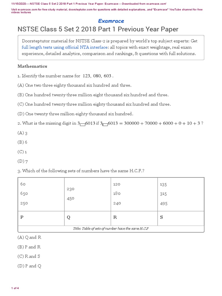 Nstse Class 5 Set 2 2018 Part 1 Previous Year Paper Examrace Pdf