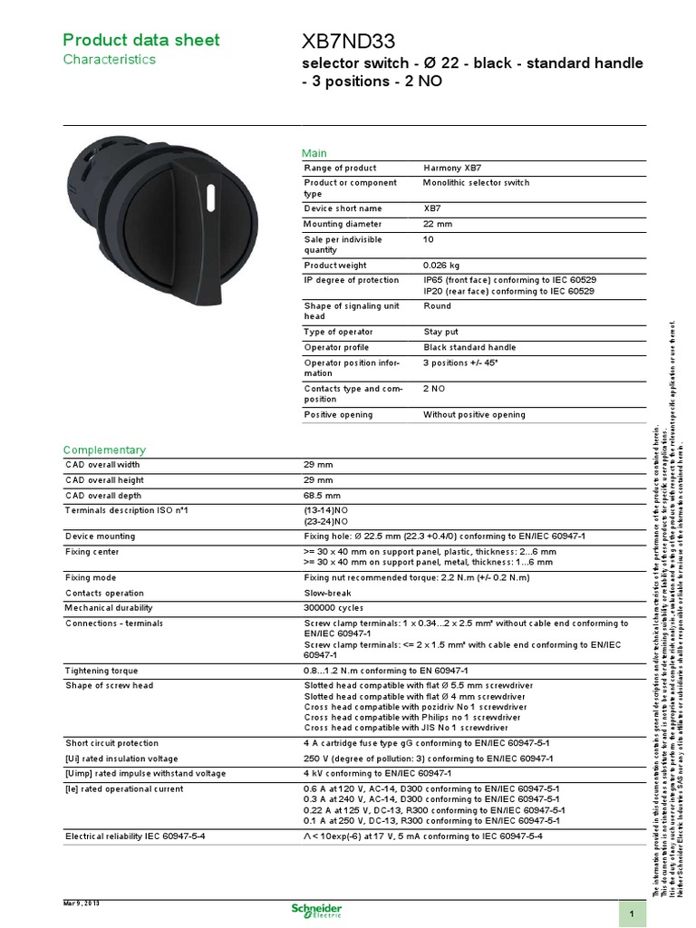 Harmony XB7 Selector Switch Specs | PDF | Equipment | Electrical Components