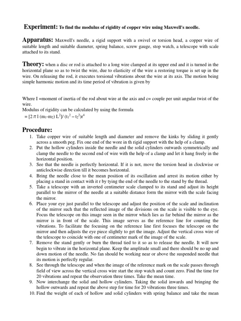 Experiment: Apparatus:: To Find The Modulus of Rigidity of Copper Wire ...