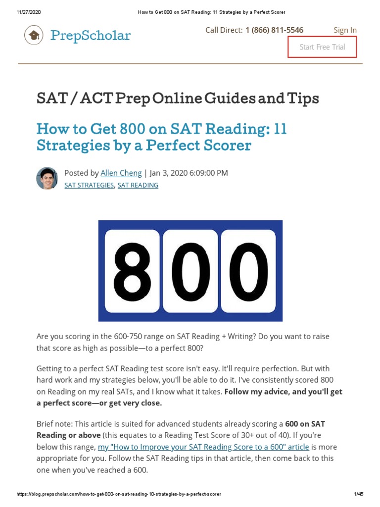 How To Get 800 On SAT Reading - 11 Strategies by A Perfect Scorer PDF ...