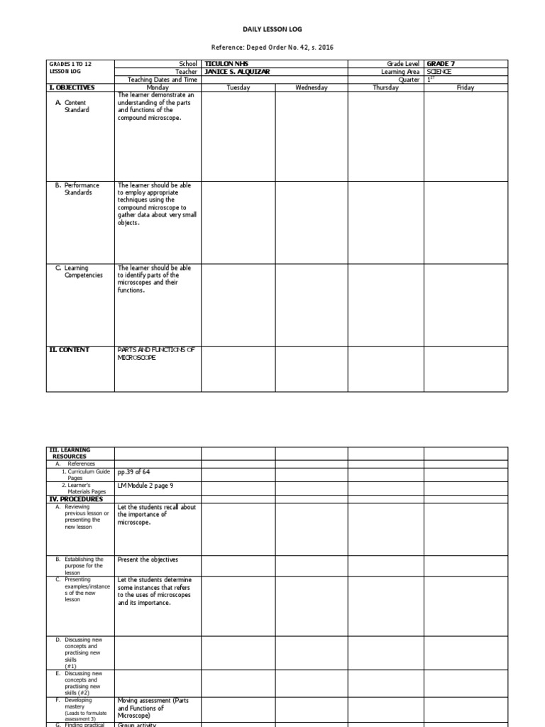DAILY LESSON LOG in Grade 7 Science - Week 2 | PDF | Educational ...