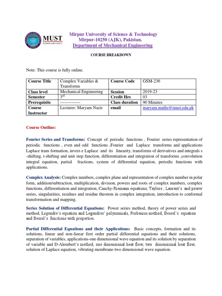 Lecture Plan GSM-236 Complex Variable & Transforms | PDF | Fourier Transform | Fourier Series