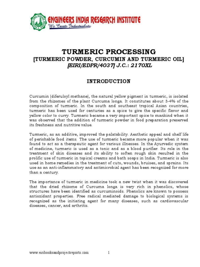 Project Report On Turmeric Processing (Turmeric Powder, Curcumin and ...