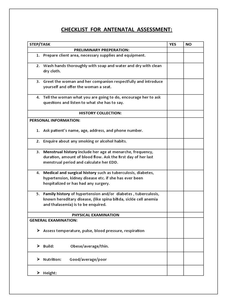Checklist For Antenatal Assessment | PDF | Abdomen | Hand