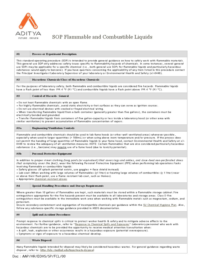 SOP Flammable and Combustible Liquids: Doc: AAP/HR/EOHS/SP/FCL/00 | PDF ...
