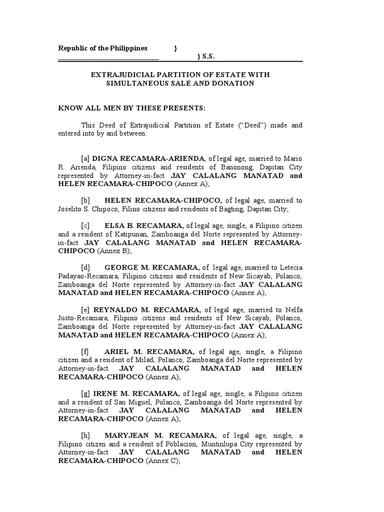 Extra Judicial Partition | PDF | Inheritance | Deed