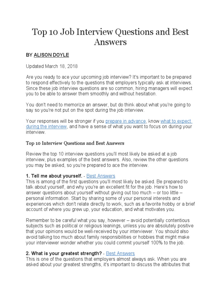 Top 10 Job Interview Questions and Best Answers | PDF | Job Interview ...